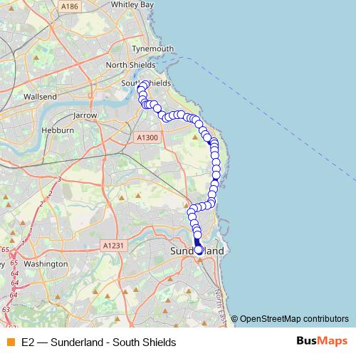 E2 (Sunderland - South Shields) Bus, route scheme and schedule, South ...